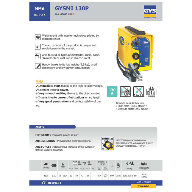 GYS GYSMI 130 P Inverter Arc (MMA) Welder 130Amp - Machine Mart