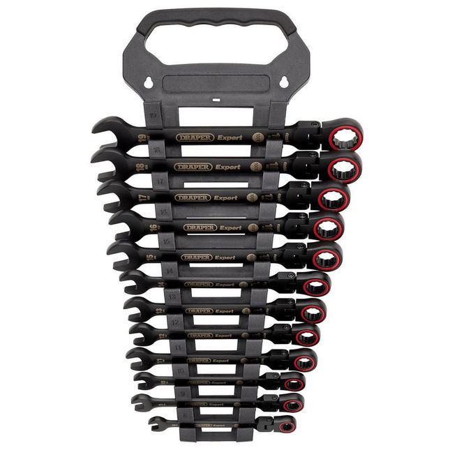Draper Expert HI-TORQ® Metric Flexible Head Ratchet Combination Spanner Set Black (12 Piece ...